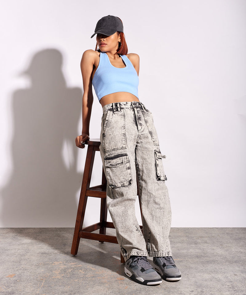 Ribbed Halterneck Crop Top Light Blue